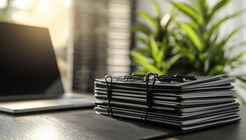 A Neat Stack of Papers is Sitting on a Desk Right Next To a Laptop ...