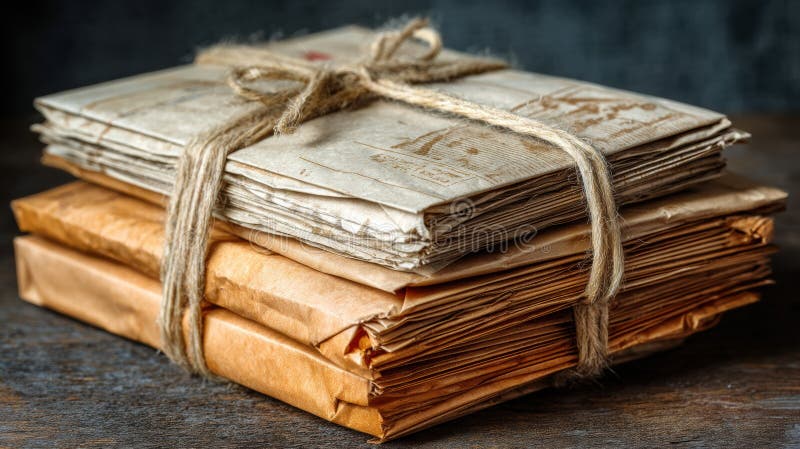 Stack of Rustic Mail Parcels Wrapped with Twine Resting on a Wooden ...