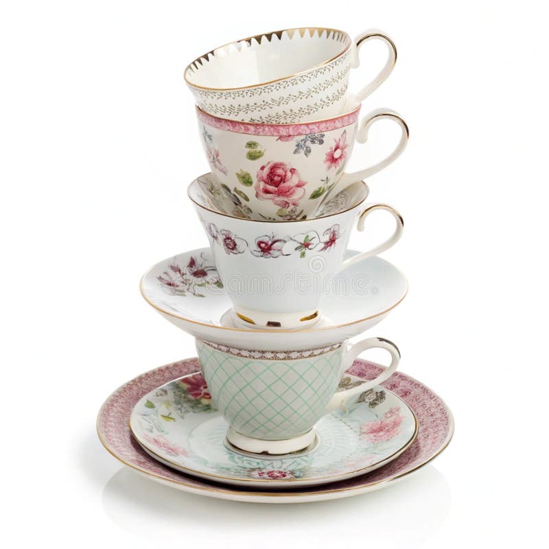 A Stack of Teacups and Saucers Isolated on White Background Stock ...