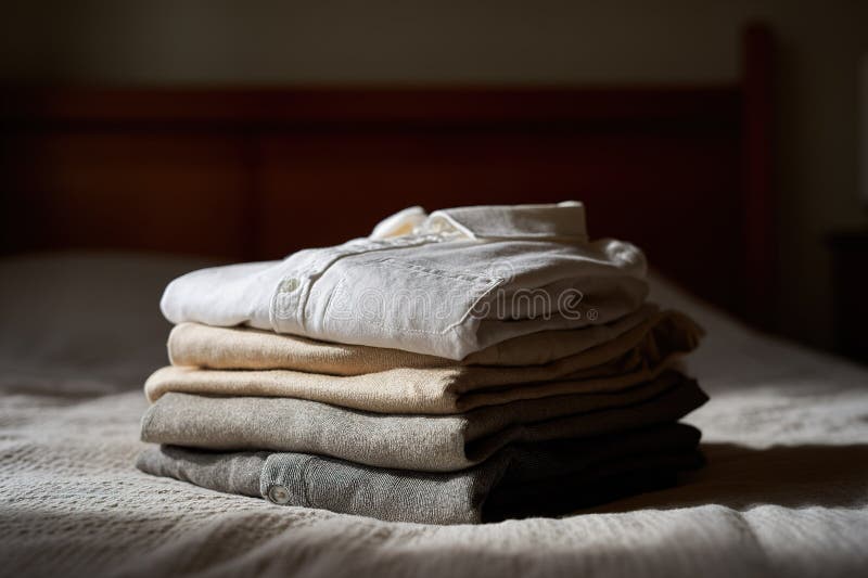 Tidy Stack of Freshly Folded Shirts on a Bed in a Cozy Room Stock Image ...