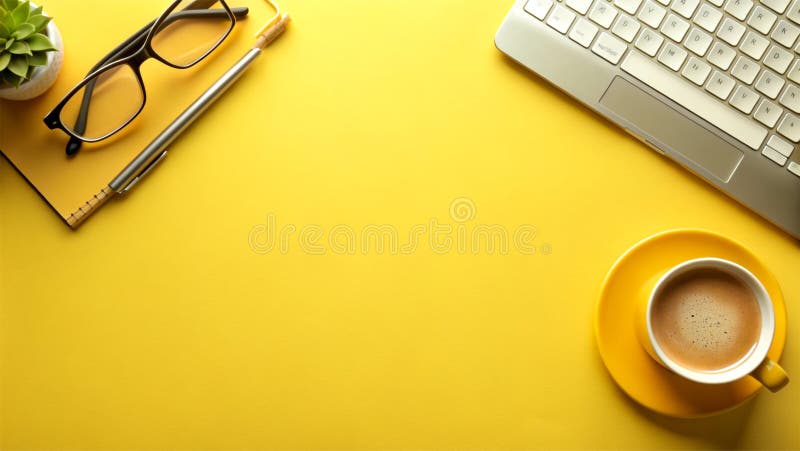 Neat Yellow Office Desk Setup with Computer, Notebook, Pen, and Coffee ...