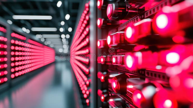 A Row of Sleek Red Data Servers Fills the Data Center, Shining Brightly ...