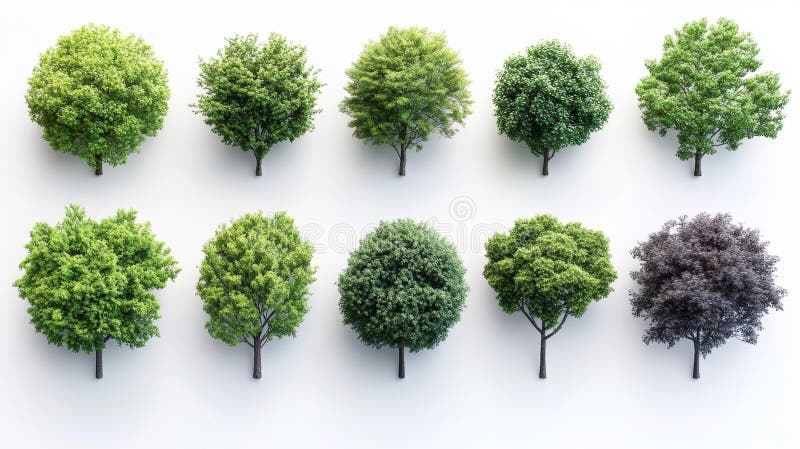 Variety of Trees Organized in Rows on White Background Stock ...