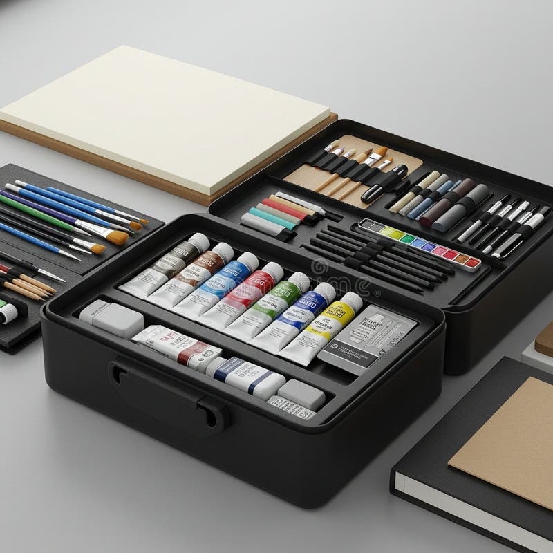 A Neatly Arranged Art Supply Set Featuring Various Painting and Drawing ...