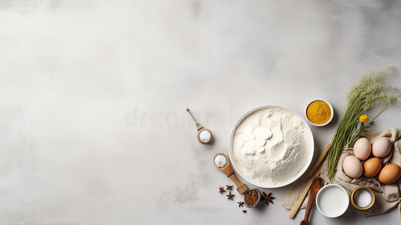 Neatly Arranged Baking Ingredients Like Flour, Eggs, a Rolling Pin, and ...