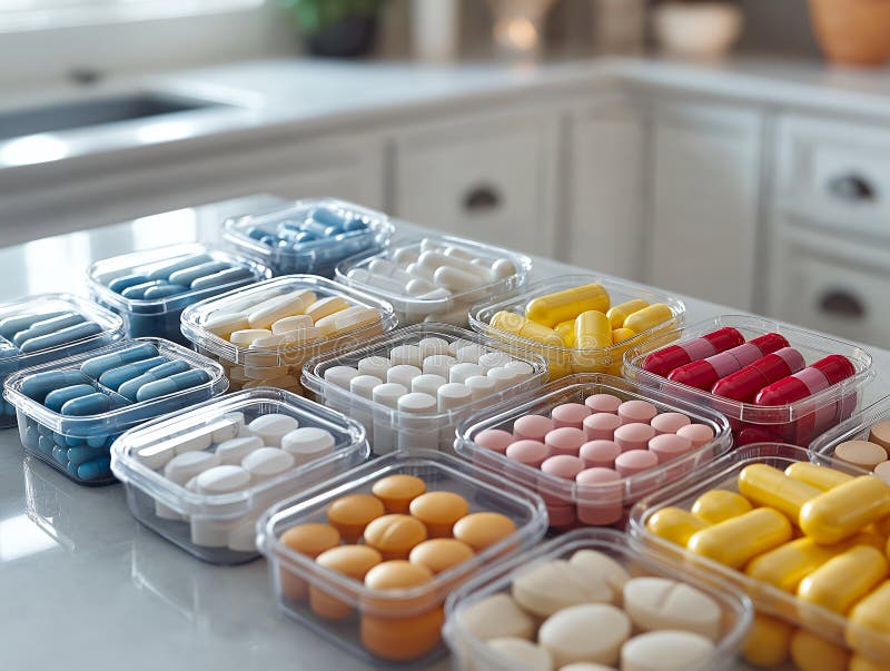 Neatly Arranged Colorful Pill Boxes on a Bright White Table by a Window ...
