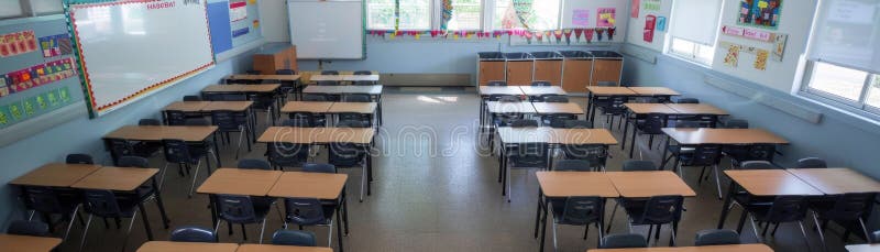 Neatly Arranged Empty Classroom with Colorful Decorations and ...