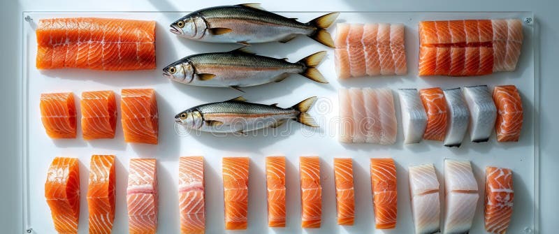 Neatly Arranged Fillet Slices of Different Fish Types on Transparency ...