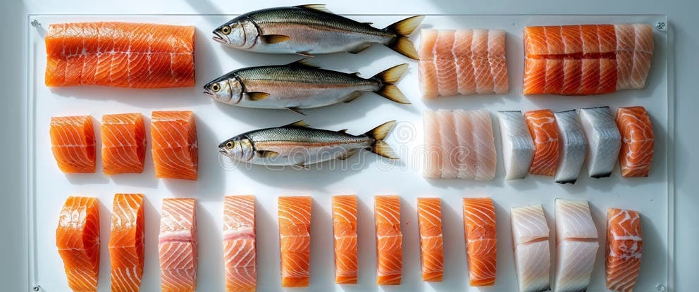 Neatly Arranged Fillet Slices of Different Fish Types on Transparency ...