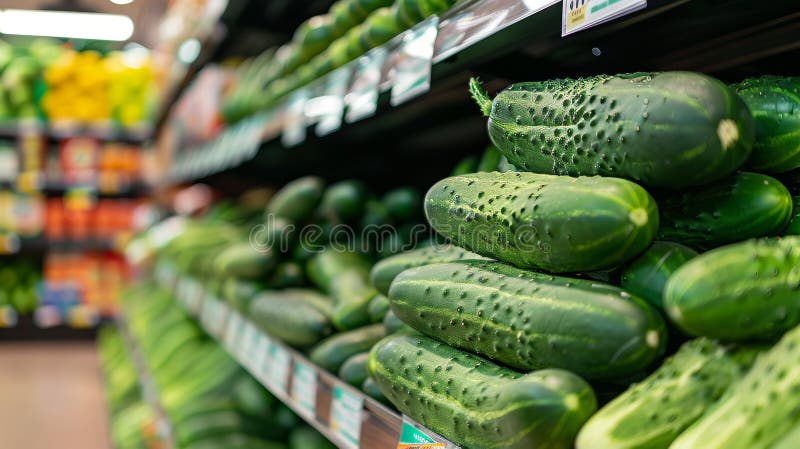 Neatly Arranged Fresh Cucumbers in a Realistic Grocery Store Setting ...
