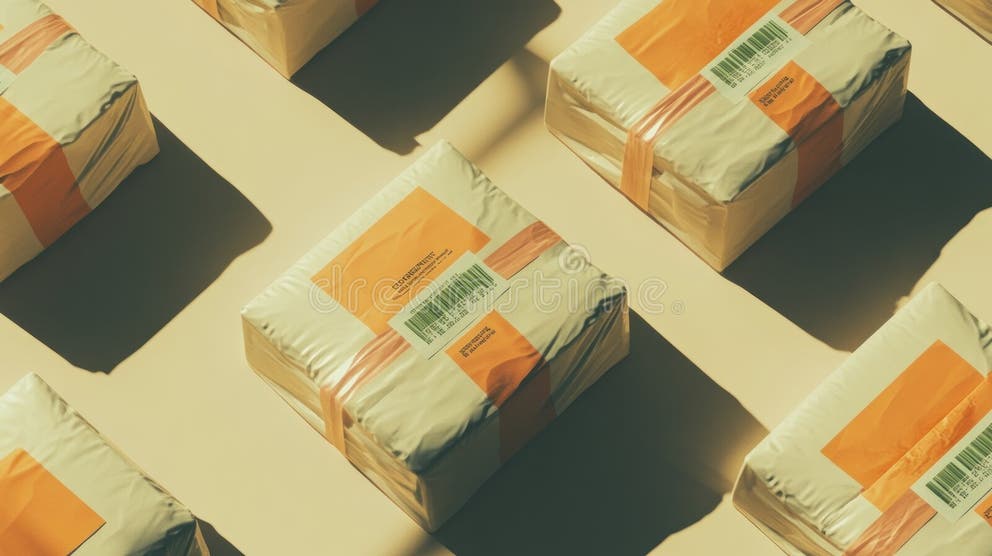 Neatly Arranged Parcels with Colored Labels in Bright Light Stock ...