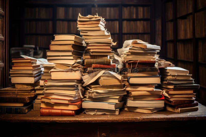 A Neatly Arranged Pile of Books Resting on a Classic Wooden Table ...
