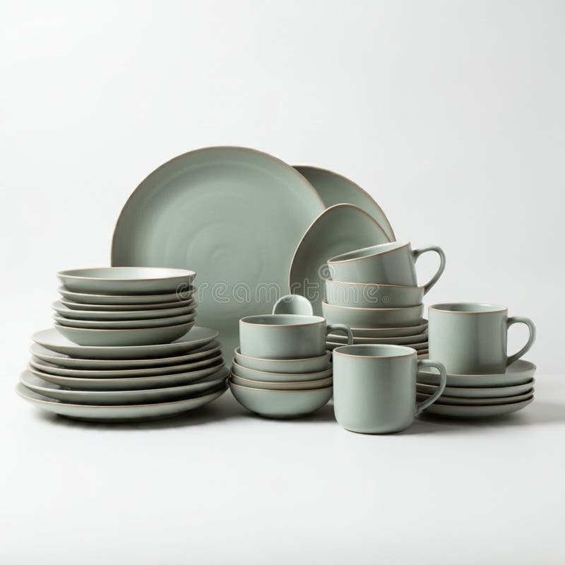 A Neatly Arranged Set of Sage Green Ceramic Dinnerware, Including ...