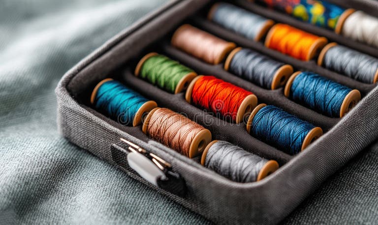 A Neatly Arranged Sewing Kit Displays Vibrant Thread Spools in a ...