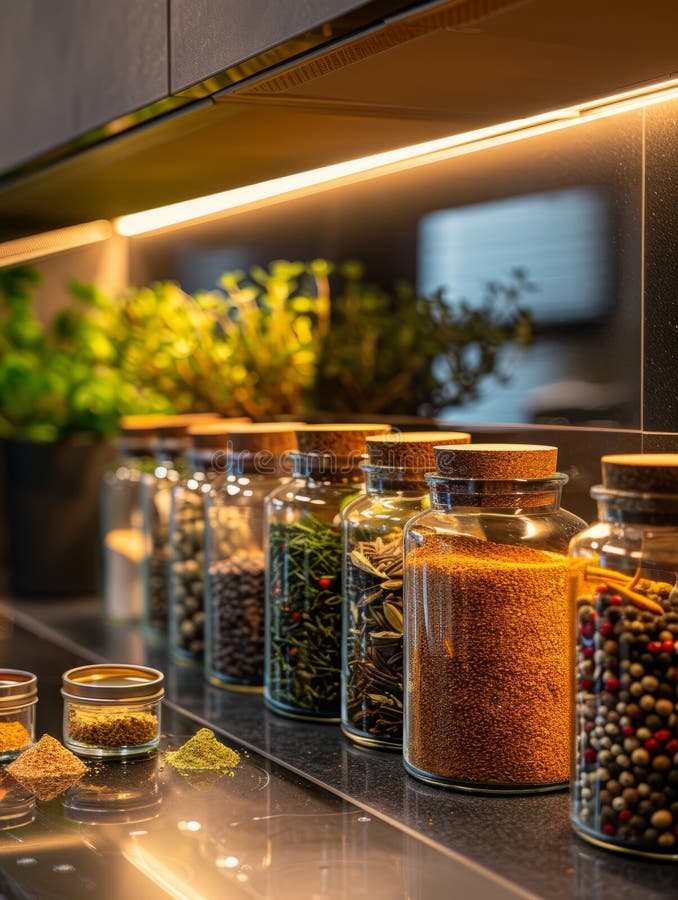 Neatly Arranged Spices in Glass Jars on a Modern Kitchen Countertop ...
