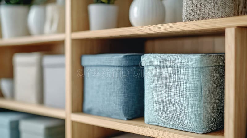 Neatly Arranged Storage Boxes on Wooden Shelves. Stock Photo - Image of ...