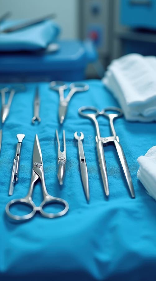 Neatly Arranged Surgical Instruments on a Blue Sterile Drape in ...