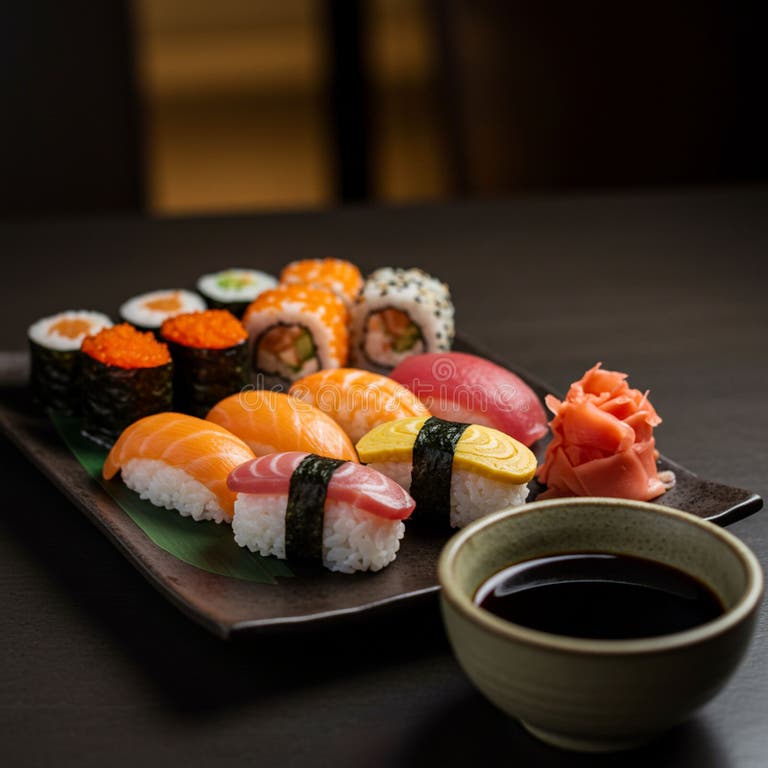 A Neatly Arranged Sushi Platter Features a Variety of Sushi Types on a ...