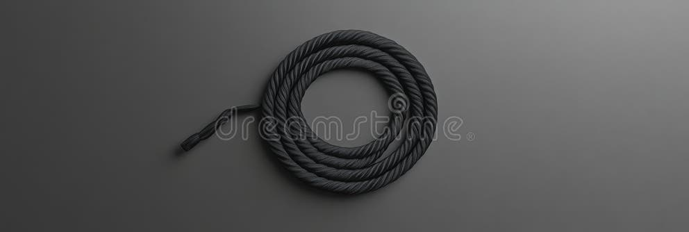 Neatly Coiled Black Jump Rope Resting on a Smooth Grey Surface in a ...