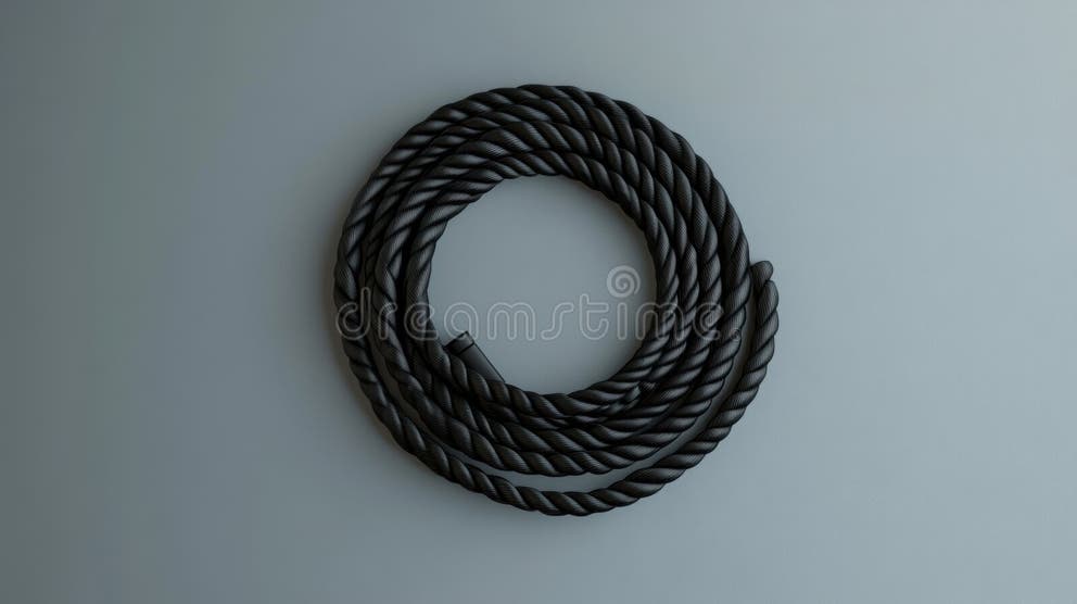 Neatly Coiled Black Jump Rope Resting on a Smooth Grey Surface ...