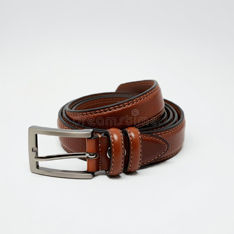 A Neatly Coiled Brown Leather Belt Features Fine Stitching Along Its ...