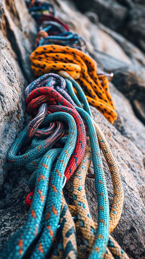 Neatly Coiled Climbing Ropes Rest on Rocky Surface, Ready for Ascent ...