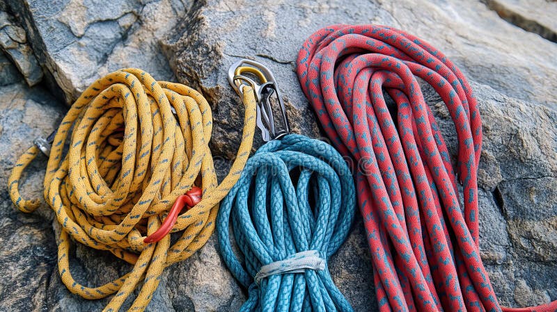 Neatly Coiled Climbing Ropes Rest on Rocky Surface, Ready for Ascent ...