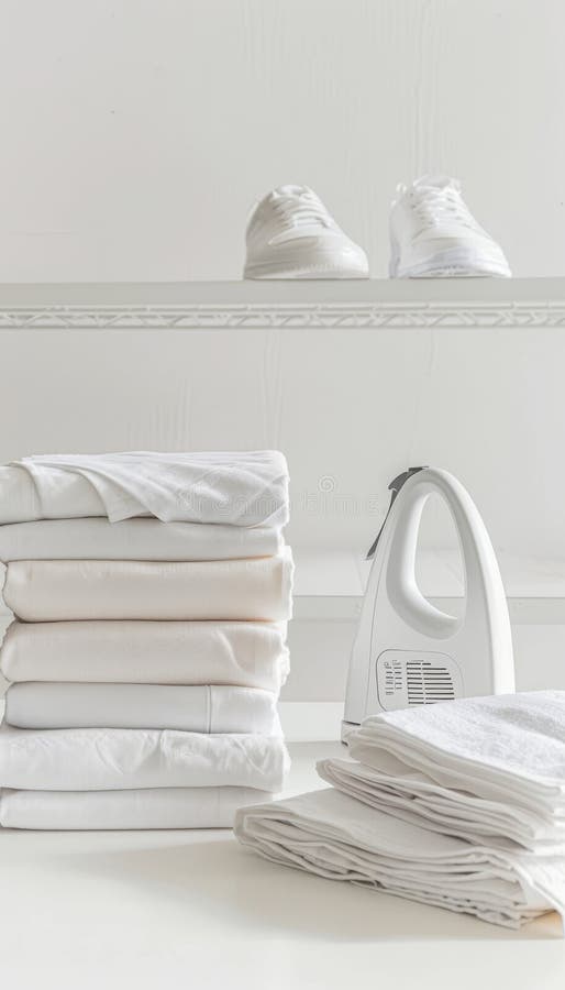 Neatly Folded Clean Sheets with Industrial Laundry Equipment on White ...