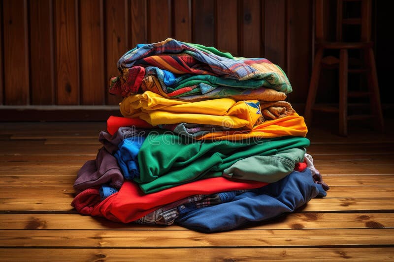 Neatly Folded Colorful Clothes on Wooden Table Stock Illustration ...