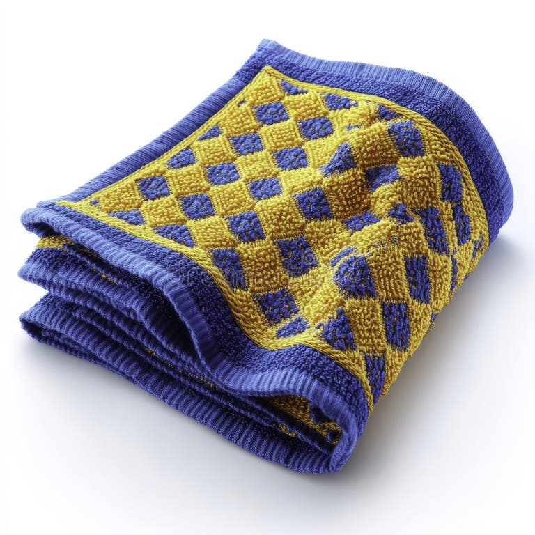 Folded Blue and Yellow Checkered Hand Towel on a White Surface Stock ...