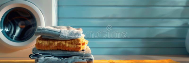 A Neatly Folded Stack of Clean Laundry Sits beside a White Washing ...