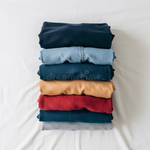 A Neatly Folded Stack of Clothing Placed on a White Surface. the Stack ...