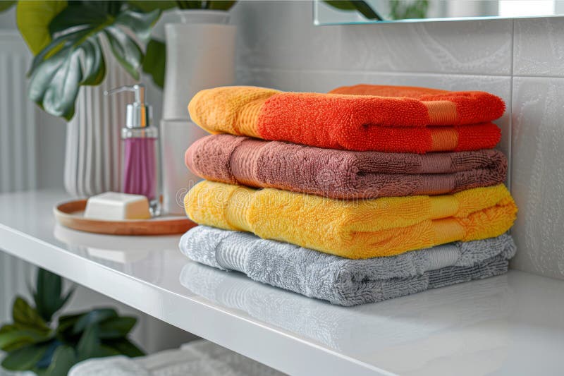 A Neatly Folded Stack of Colorful Towels on a White Shelf in a Modern ...
