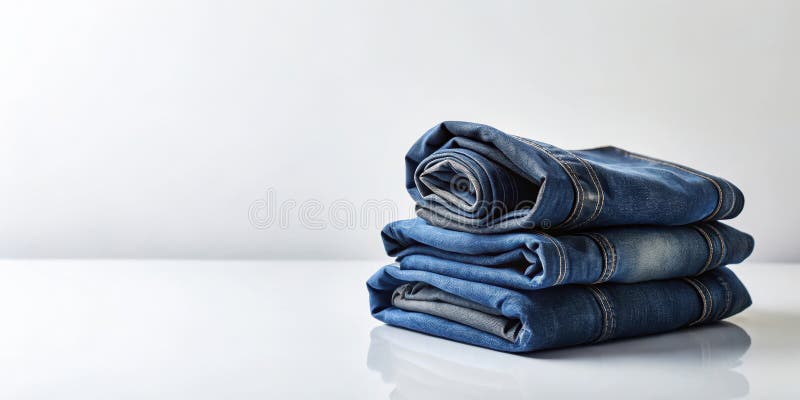 Neatly Folded Stack of Denim Jeans on a White Surface. Generative AI ...