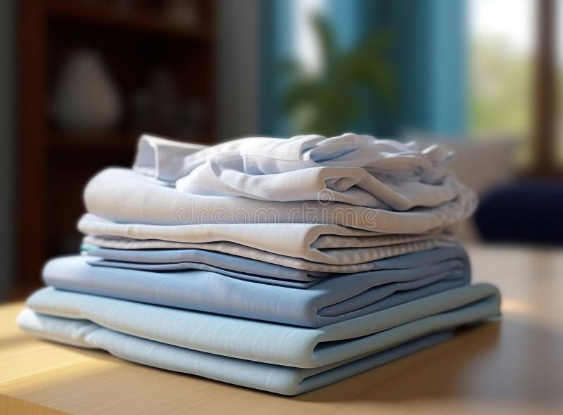 Neatly Folded Stack of Light Blue Linens Sits on a Wooden Surface ...