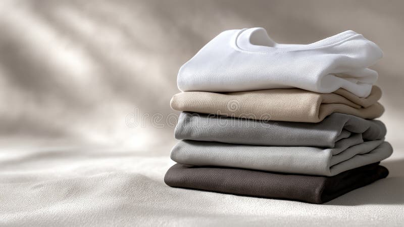 Neatly Folded Stack of Neutral-Toned Blank T-Shirts on Textured Linen ...