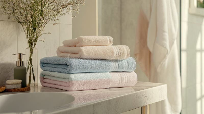 A Neatly Folded Stack of Towels in Pastel Colors on a Shelf in a Stock ...