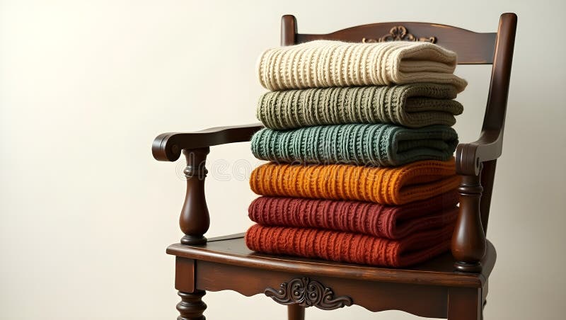A Neatly Folded Stack of Warm Sweaters Resting on a Vintage Wooden ...