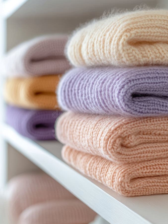 Neatly Folded Sweaters in Pastel Colors on a White Shelf. Stock Photo ...