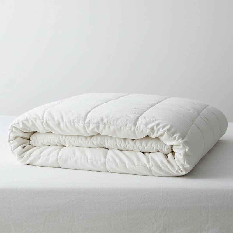 A Neatly Folded White Comforter Lies on a White Linen-covered Surface ...