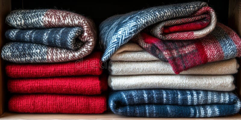 Neatly Folded Woolen Blankets in Plaid Patterns, Stacked on a Shelf in ...