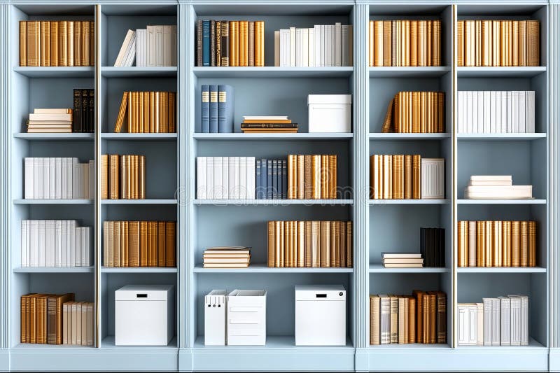 Neatly Organized Blue Bookshelf with Gold and White Books in Modern ...