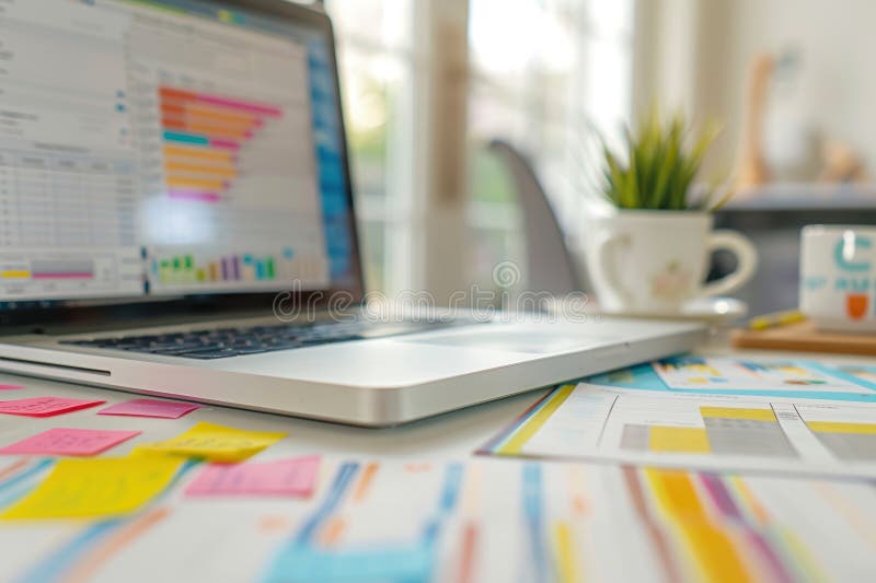 Creative Workspace with Laptop, Project Timeline, and Coffee for ...