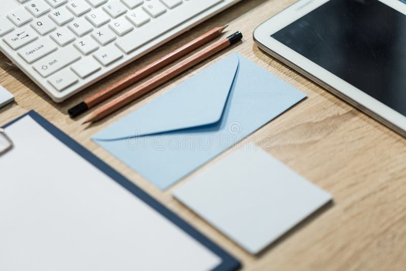Neatly organized desk stock photo. Image of notes, desk - 56547404