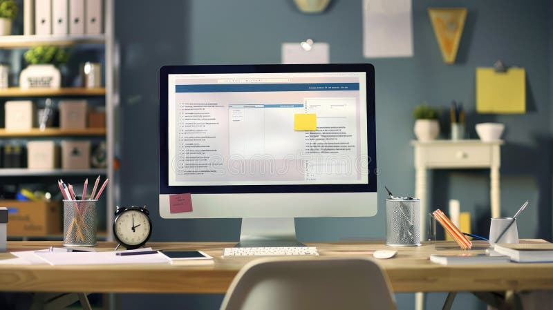 Neatly Organized Office Desk with Computer Screen Displaying ...