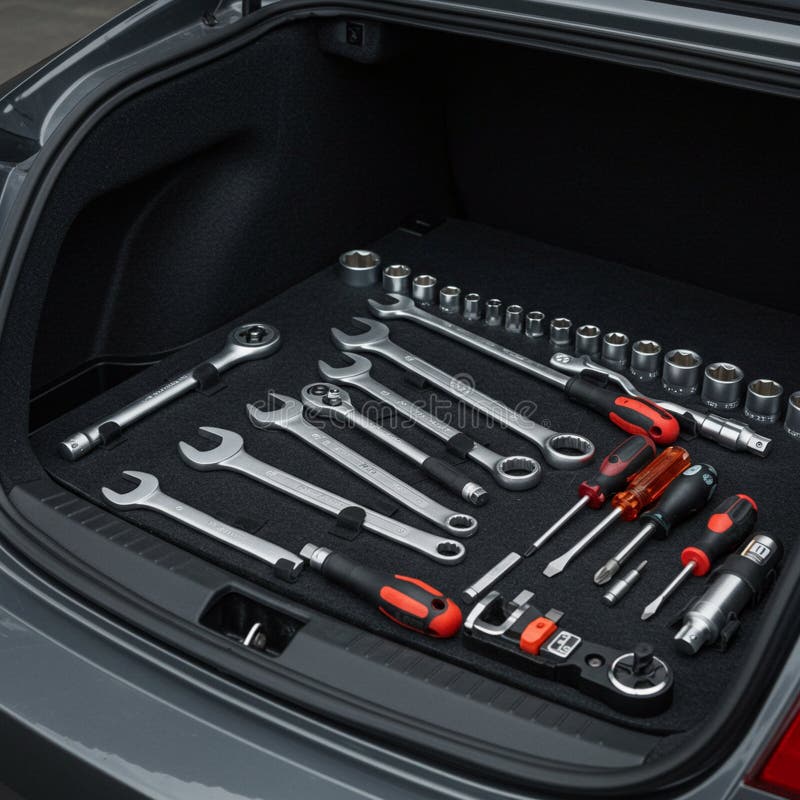 A Neatly Organized Set of Tools in a Car Trunk. the Collection Includes ...