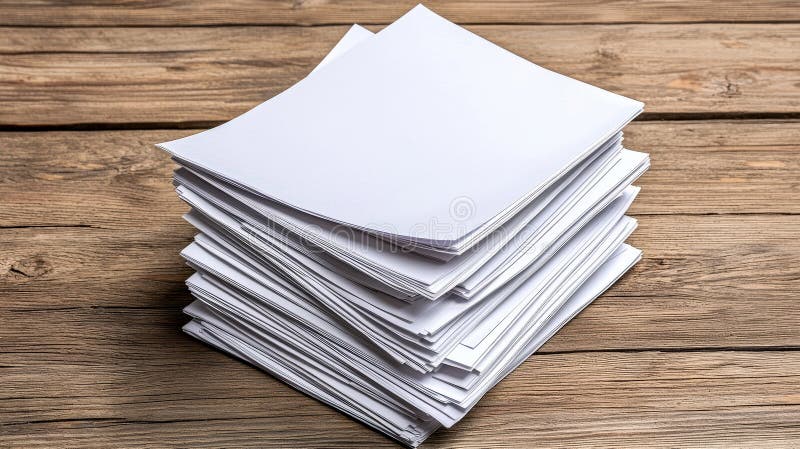 A Neatly Organized Stack of Blank White Papers Sits on a Rustic Wooden ...