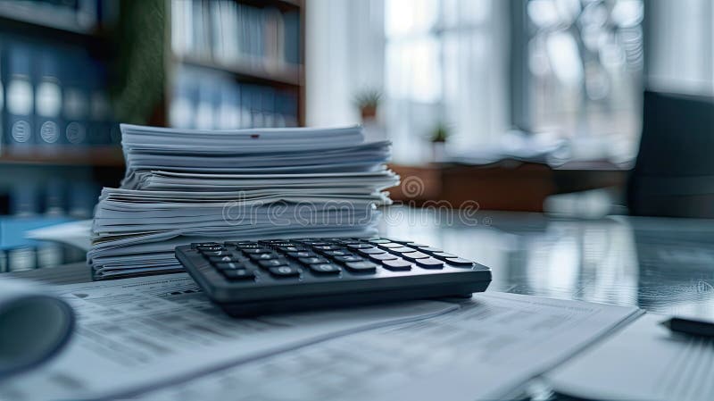 A Neatly Organized Stack of Financial Documents with a Calculator on a ...