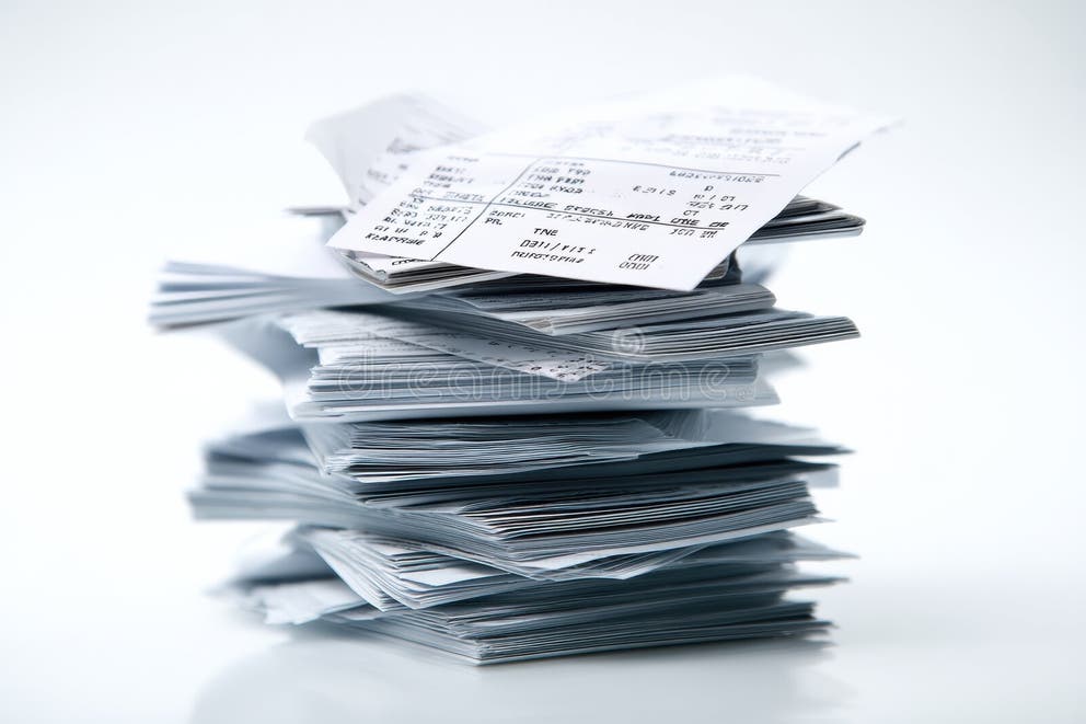 Stack of Receipts and Order Confirmations on a Clean White Surface ...