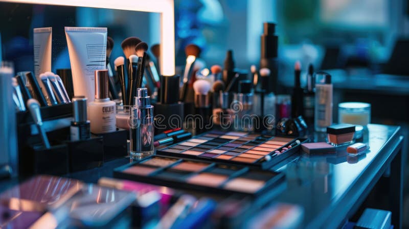 Cosmetics Table Arranged with Various Beauty Products in a Well-lit ...